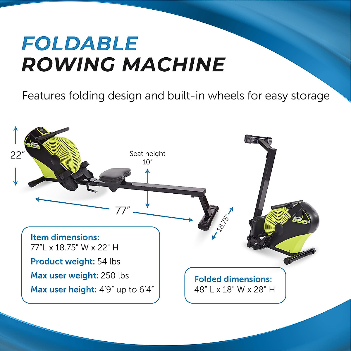 Stamina ATS Air Rower Machine with Smart Workout App - Foldable Rowing Machine with Dynamic Air Resistance for Home Gym Fitness - Up to 250 lbs Weight Capacity - Crypto Green/Black
