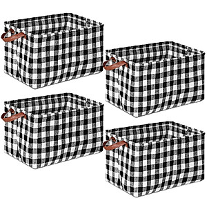 Boao 4 Pcs Buffalo Plaid Storage Containers Black White Large Storage Bin for Home Classic Organizing Fabric Storage Box with Handle Foldable Organizer Basket for Bathroom Bedroom(Simple Style)