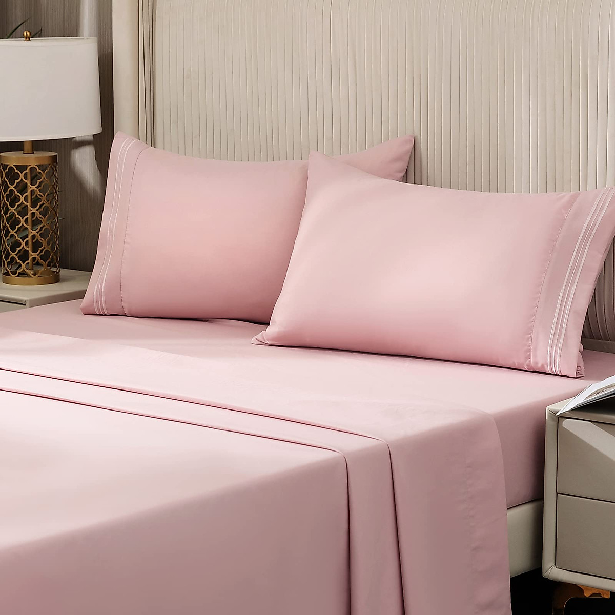 REDKEY Full Size Sheet Pillowcase Set - 4 Piece Soft Bedding Sheets & Pillowcases Sets Luxurious Deep Pocket Full Bed Sheets Pillowcase with Envelope Closure (Full,Baby Pink)