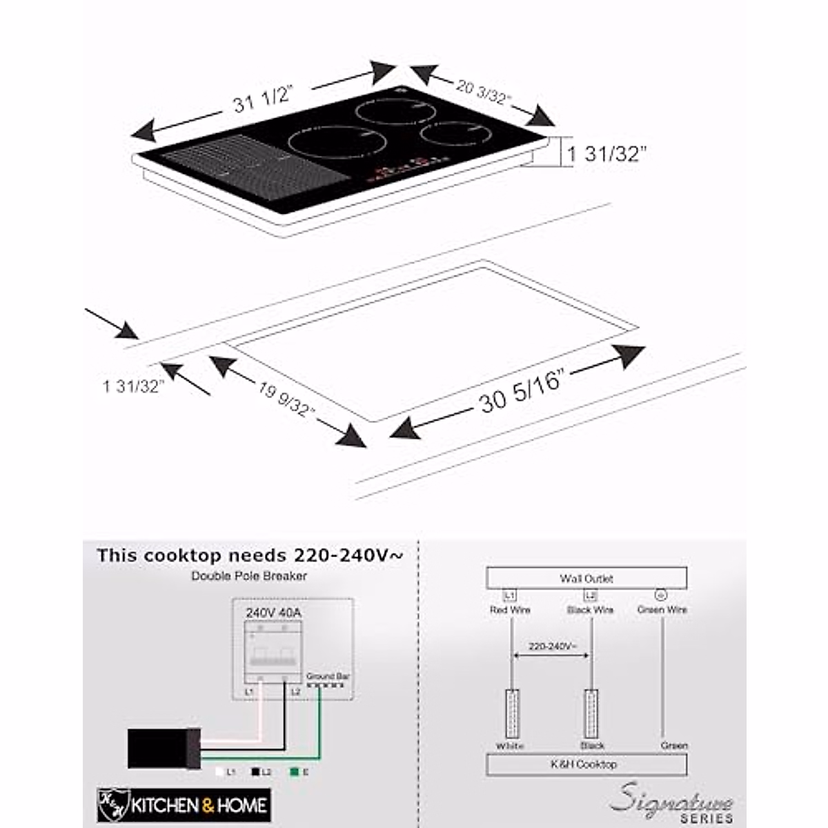K&H SIGNATURE SERIES 5 Burner 31.5 Inch Built-in Induction Electric Stove Top Ceramic Cooktop Touch Control 240V 9200W IN30-9200FLX