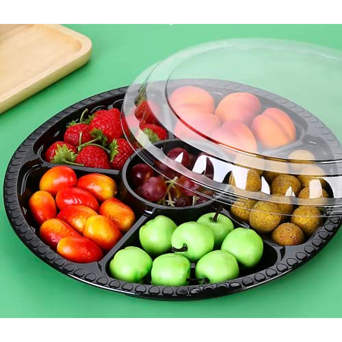 Yuxitia 12pcs Round Appetizer Serving Trays with Lids 12.6 Inches Veggie Fruit Trays Disposable Food Storage Containers 6 Divided Compartments Serving Containers Veggie Trays Party Buffet Picnic…
