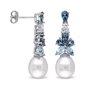 Ross-Simons 8.5-9mm Cultured Pearl and 2.30 ct. t.w. Blue and White Topaz Drop Earrings in Sterling Silver