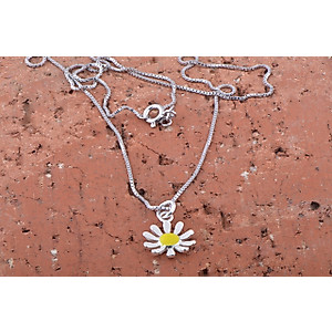 Sterling Silver Ladies Yellow White Enamel Daisy Flower Necklace for Women