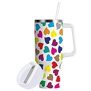 MCHIVER Colorful Hearts 40 oz Tumbler with Handle and Straw Stainless Steel Vacuum Water Bottle Leak-proof Travel Coffee Mug Insulated Tumbler with Lid