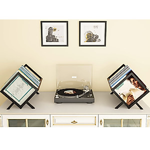 Giikin Vinyl Record Storage Holder, Holds up to 90-110 LPs, Metal and Wooden Vinyl Record Organizer Stand, Simple/Functional/Easy Assembly, Vinyl Shelf for Files/Book/Magazine/Record Rack