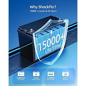 ShockFlo 12v 100Ah LiFePO4 Lithium Battery, Deep Cycle Lithium Iron Phosphate Battery, Built-in Superior BMS Protection, 15000+ Cycles Rechargeable Battery, APP Power Monitoring Perfect for RV, LB04