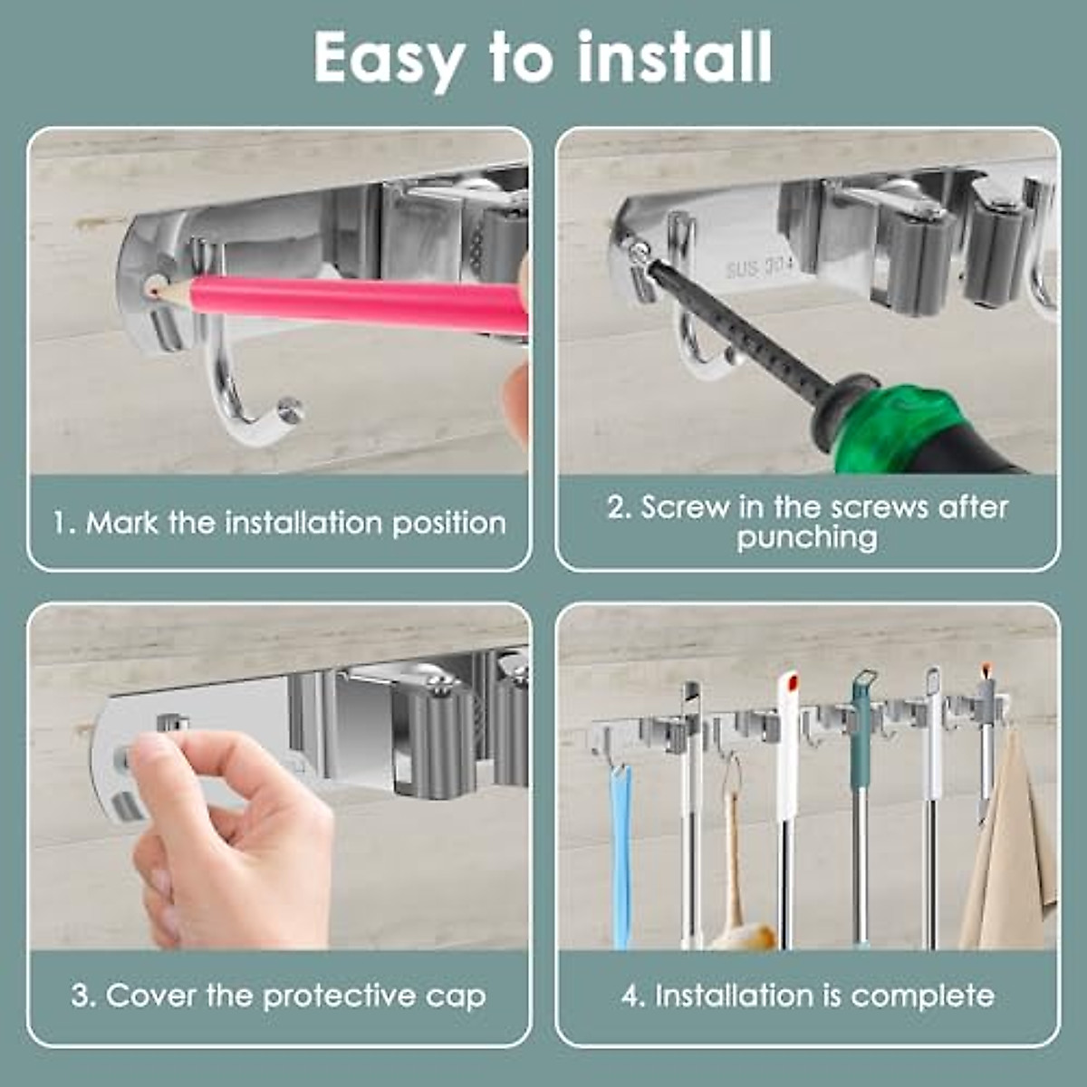 US Broom Holder Wall Mount Stainless Steel Mop and Broom Holder with 5 Racks and 6 Hooks Effective Broom Organizer Versatile Broom Hanger Wall Mount for Kitchen Closet Laundry Room Pantry(1)
