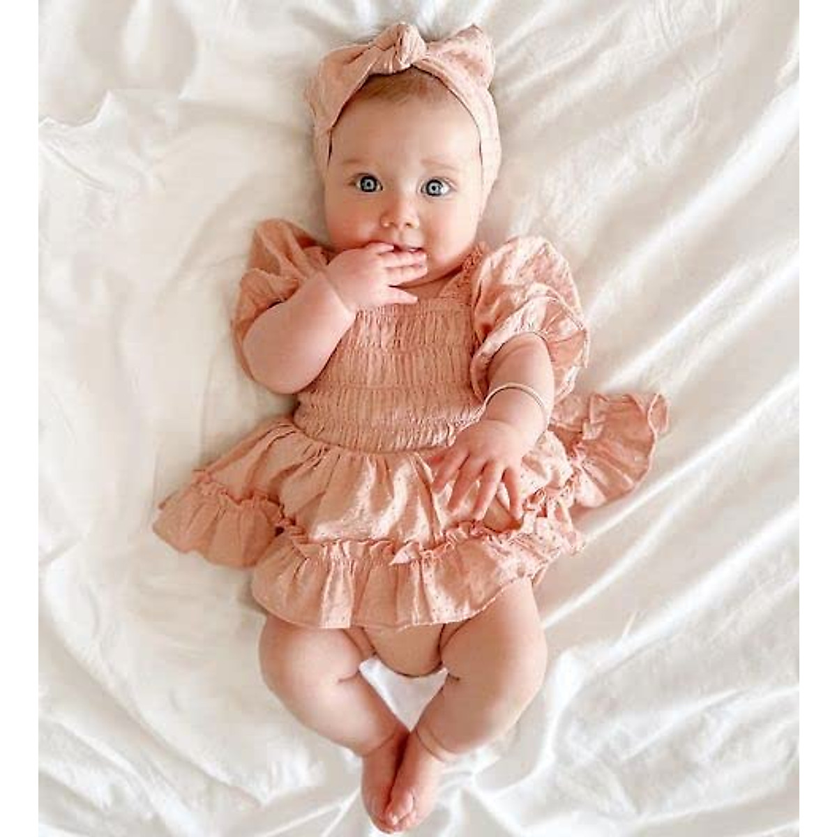 Socutebabe Baby Girl Smocked Romper Dress Vintage Dresses Bubble Onesie Cute Summer Clothes Outfit with Headband 6-12 Months Boho Pink