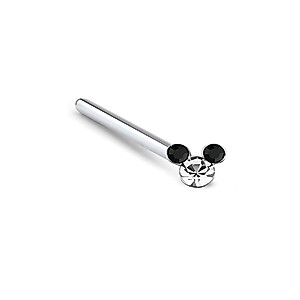 925 Sterling Silver L Bend Nose Stud Ring Mickey Mouse Black/Clear 22G