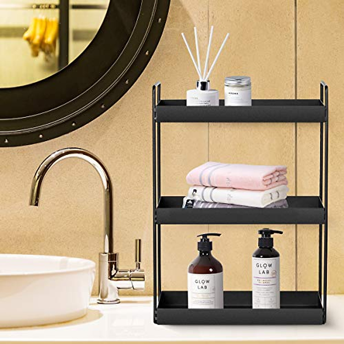 3-Tier Bathroom Countertop Organizer Vanity Tray Cosmetic & Makeup Storage Kitchen Spice Rack Standing Shelf, Black