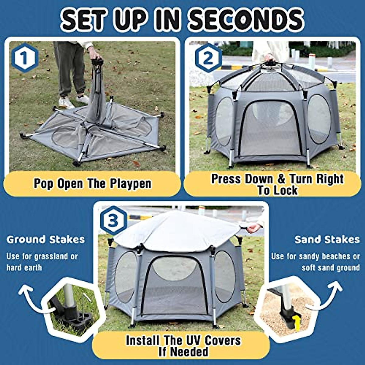 Portable Playpen for Babies and Toddlers - PRObebi Pop Up Playpen for Baby with Three Sun-Shade, Lightweight Outdoor Play Yard - Beach Playpen with Travel Bag - for Home & Indoor Use - Grey