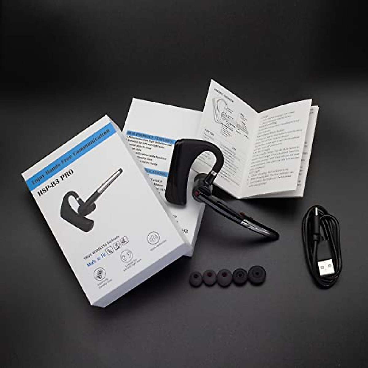 HonShoop Bluetooth Headset CVC8.0 Dual Mic Noise Cancelling, V5.0 Bluetooth Earpiece Earbud 14 Hrs HD Talktime Hands-Free Earphones for Driver Trucker Business Office (Black)