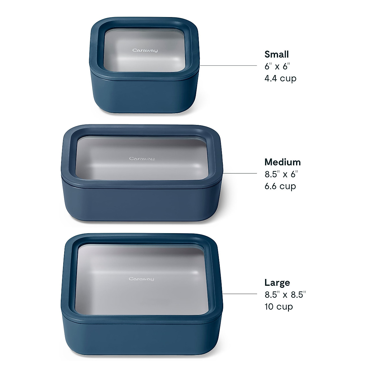 Caraway 3pc Glass Food Storage Set – 10 Cup, 6.6 Cup, & 4.4 Cup Food Containers - Ceramic Coated - Non Toxic Non Stick Lunch Box with Glass Lids - Dishwasher, Oven, & Microwave Safe - Navy