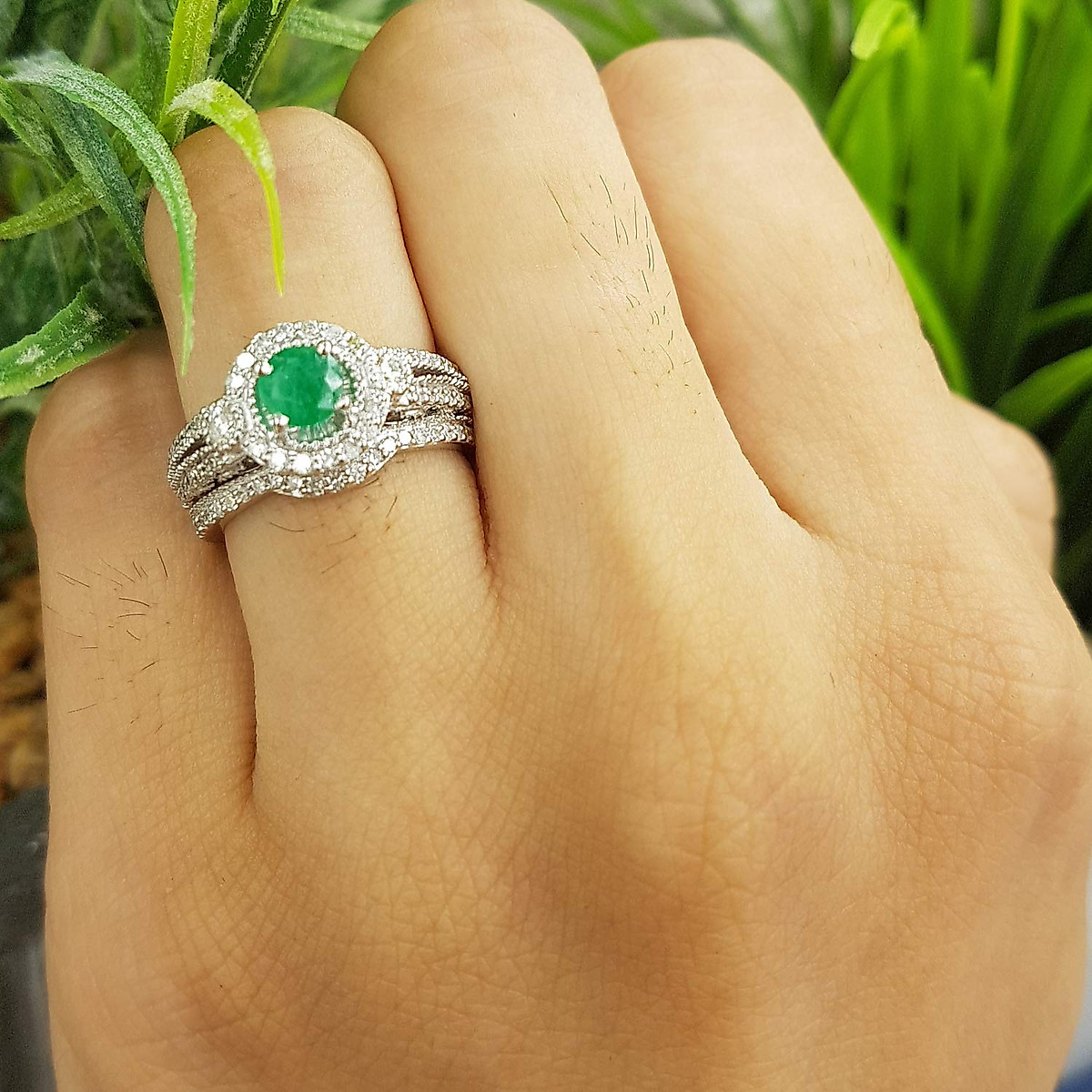 Dazzlingrock Collection 14k Round Emerald & White Diamond Women Halo Bridal Engagement Ring Set, White Gold, Size 5.5