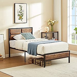 VECELO Twin Size Platform Bed Frame with Wood Headboard/Mattress Foundation/Premium Steel Slats Support/No Box Spring Needed,Brown(Modern)
