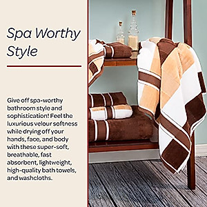 6-Piece - Oakville Beige-Striped 100% Cotton Velour Set With 2 Bath Towels, 2 Hand Towels, and 2 Washcloths by Lavish Home