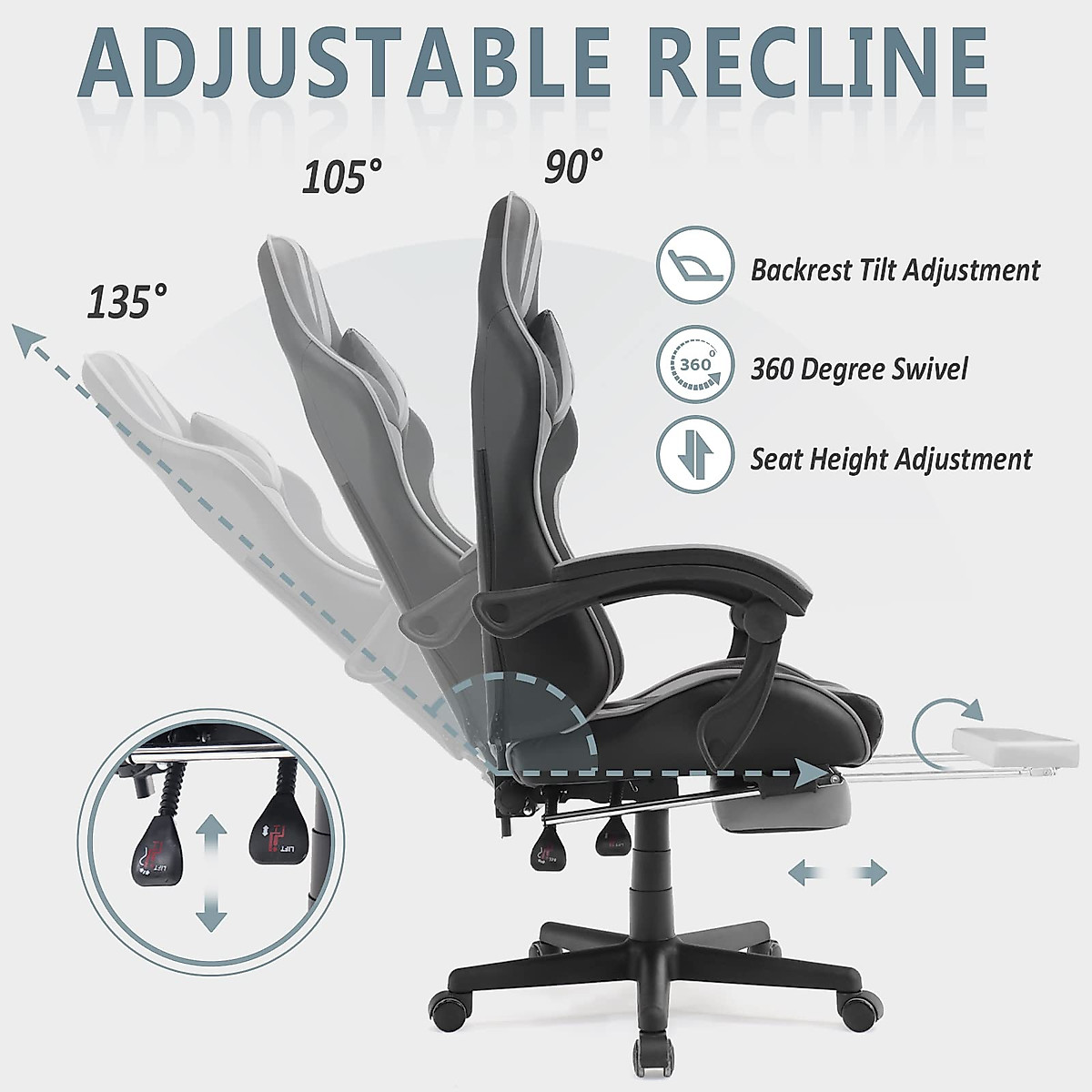 Ferghana Grey Gaming Chairs with Footrest,PC Gaming Chair,Computer Chair, E-Sports Chair,Ergonomic Office Chair with Adjustable Headrest and Lumbar Support(Grey)