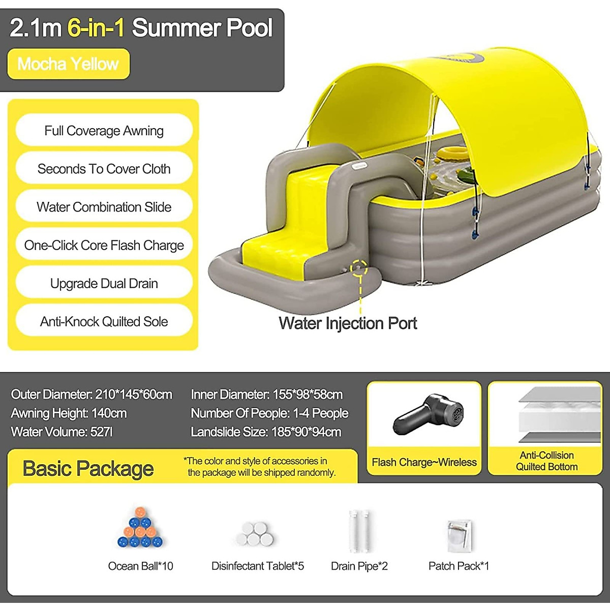 Inflatable Swimming Pool Toys Water Pool Slide Activity Center for toodlers Dogs Inflatable Swimming Pools for Over 3 Years Old,Yellow-3M