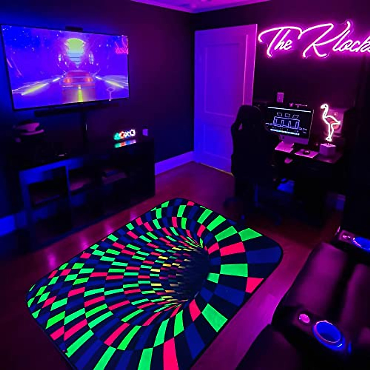 3D Optical Illusion Area Rug Blacklight Vortex Rugs Black Hole Stereo Carpet Glow in The Dark Gaming Room Decor Rugs Playroom Non-Slip Rug for Living Room Bedroom 60x39 in