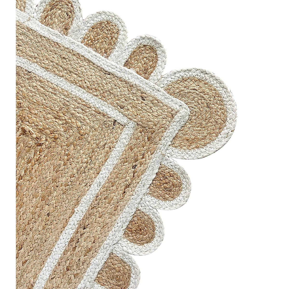Shiv Shakti Exports White Scalloped Natural Jute Area Rug, Natural Base Off White Trim (2x3 Feet / 61x92 Cm)