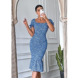 PRETTYGARDEN Women's Summer Floral Midi Bodycon Dresses Short Puff Sleeve Square Neck Ruffle Hem Mermaid Cocktail Dress (Blue,Small)