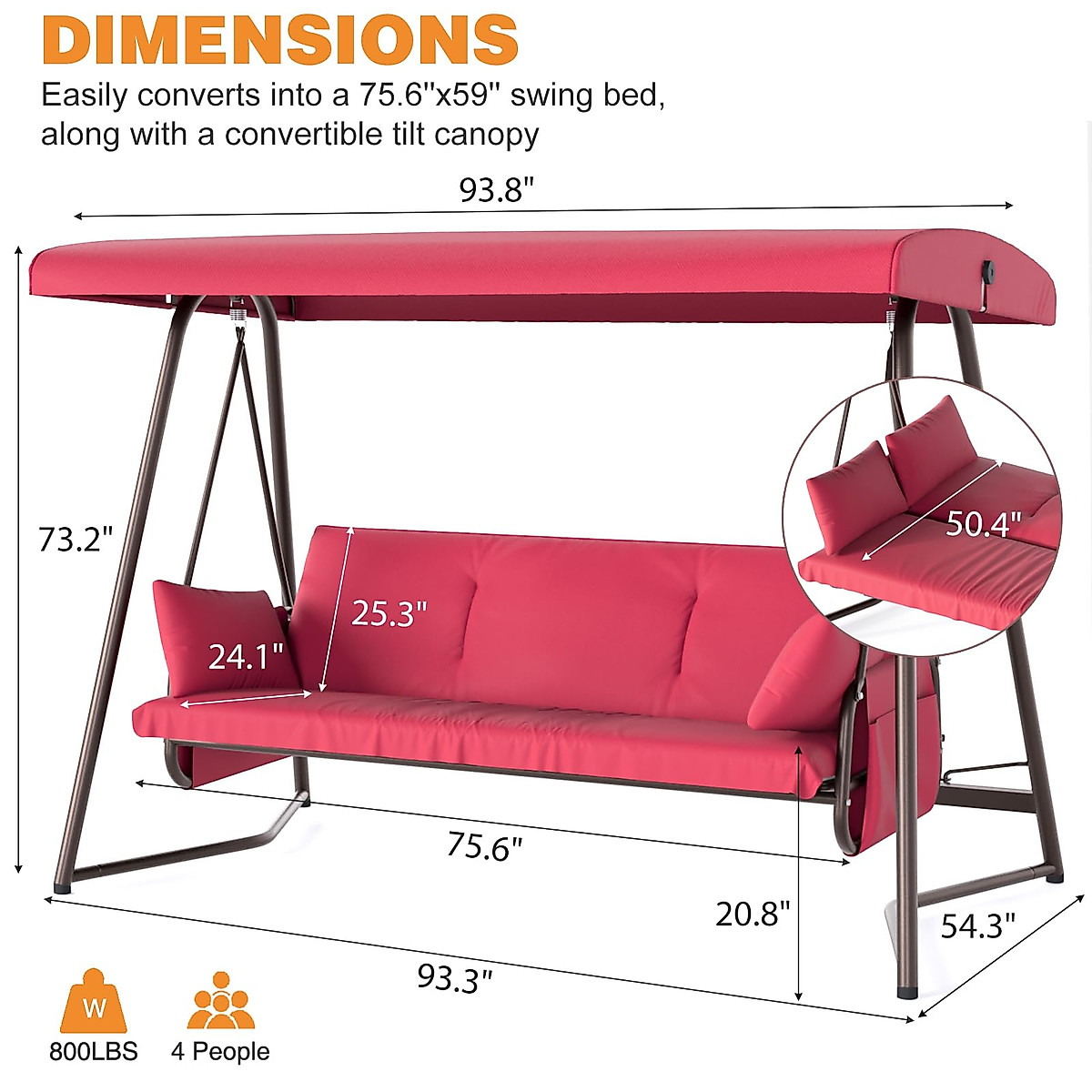 3 to 4 Seat Porch Swing, 2-in-1 Outdoor Swing Bed with Adjustable Backrest Canopy 800 lbs Capacity Patio Swing Chair with Stand Cushions Pillows for Backyard
