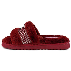 Juicy Couture Women's Luxe Faux Fur Slide Slippers with Embellished Strap, Cozy Indoor/Outdoor Fuzzy Slip-On Sandals, Halo - Burgundy, Size 9