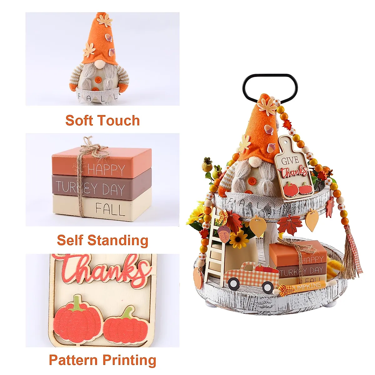 13 Pieces Fall Tiered Tray Decor Set Thanksgiving Pumpkin Tray Decor Faux Decorative Books Gnome Maple Leaves Truck Wooden Signs Rustic Farmhouse Fall Tabletop Decor for Autumn Thanksgiving