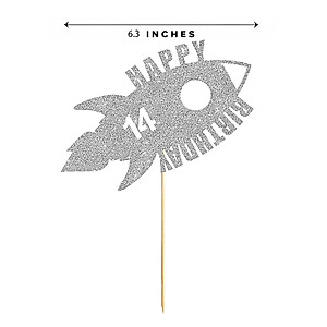 Silver Rocket 14th Birthday Cake Topper, Glitter Boy Girl Space 14 Years Birthday Party Decoration