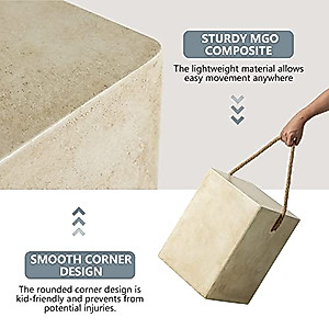 COSIEST Concrete Side Table, Rectangular Outdoor Side Table w Hemp Rope Handles,15''Patio Side Tables End Table, Outdoor Accent Side Table for Garden and Patio, Beige