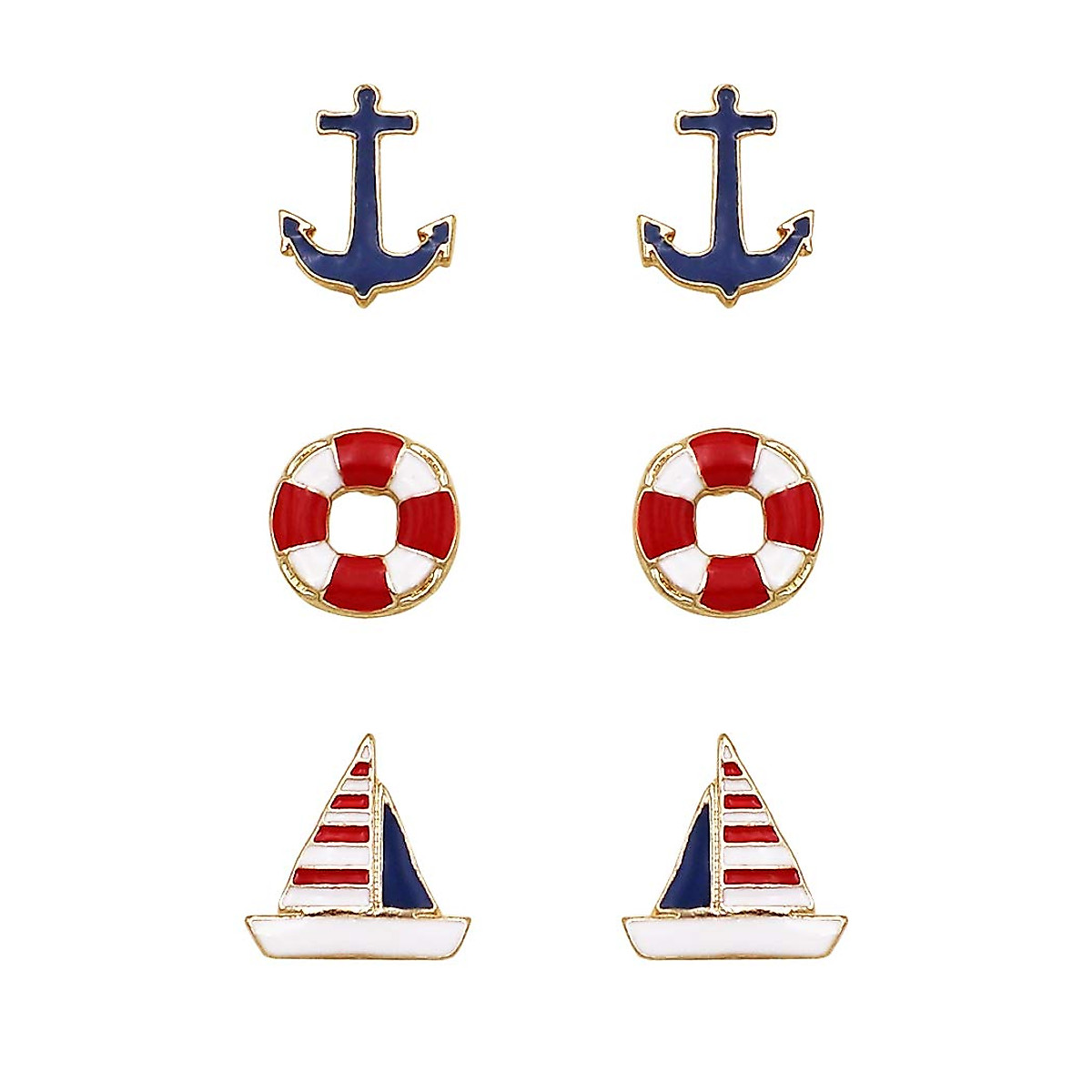 Rosemarie Collections Women's Ships Ahoy Nautical Stud Enamel Earrings Set of 3 (Anchor Lifesaver Sailboat)