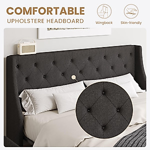 SHA CERLIN King Size Platform Bed Frame with 4 Storage Drawers and Wingback Headboard, Diamond Stitched Button Tufted Design, No Box Spring Needed, Dark Grey