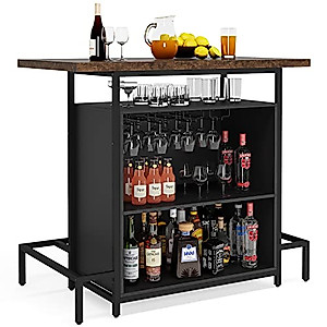 LITTLE TREE Home Bar Unit Cabinet with Footrest, Industrial 3-Tier Liquor Bar Table with Stemware Rack and Wine Storage