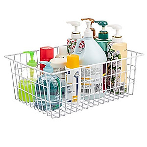 iPEGTOP Wire Storage Freezer Baskets, Set of 4 Large 15.2" Farmhouse Organizer Storage Bins Fridge Basket Rack with Handles for Kitchen Cabinets, Pantry, Office, Bathroom Organization- White