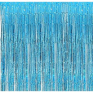 Blukey 2-Packs 3.2ft x 8.3ft Turquoise Metallic Tinsel Foil Fringe Backdrop Curtain for Wedding Christmas Halloween New Year
