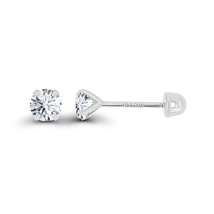Solid 14k White Gold Hypoallergenic Round Cubic Zirconia Solitaire Stud Earrings With Secure Ball Screw Backs For Women, 3mm