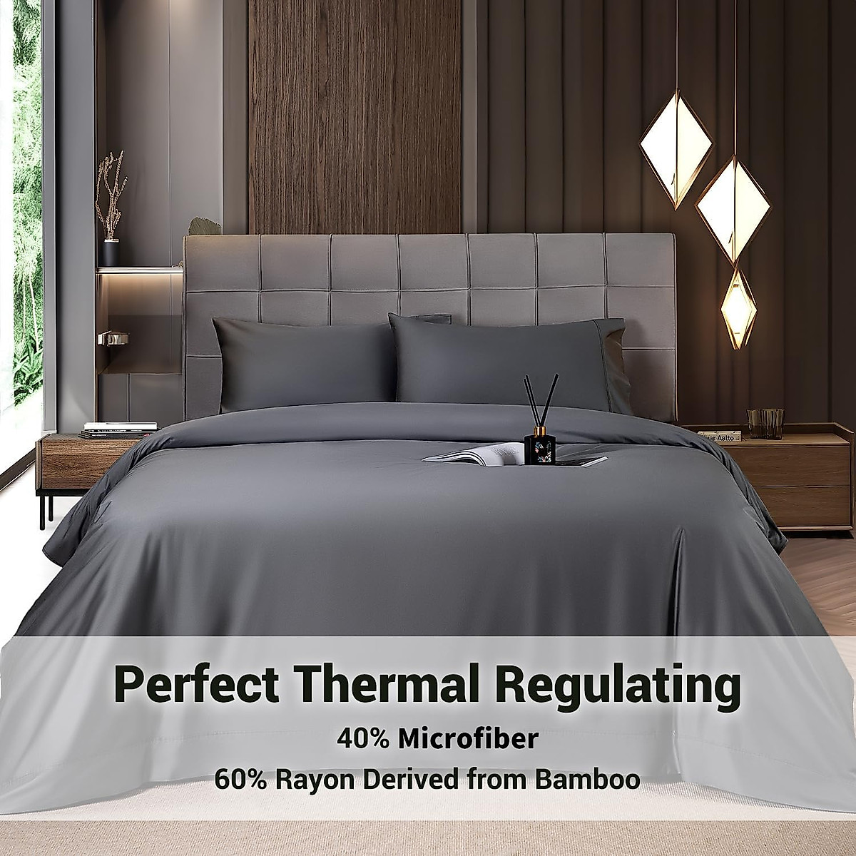 Shilucheng Cooling Breathable Bamboo Bed Sheets Set - King Size,1800 Thread Count Super Silky Soft with 16 Inch Deep Pocket, Machine Washable, 4 Piece (King,Dark Grey)