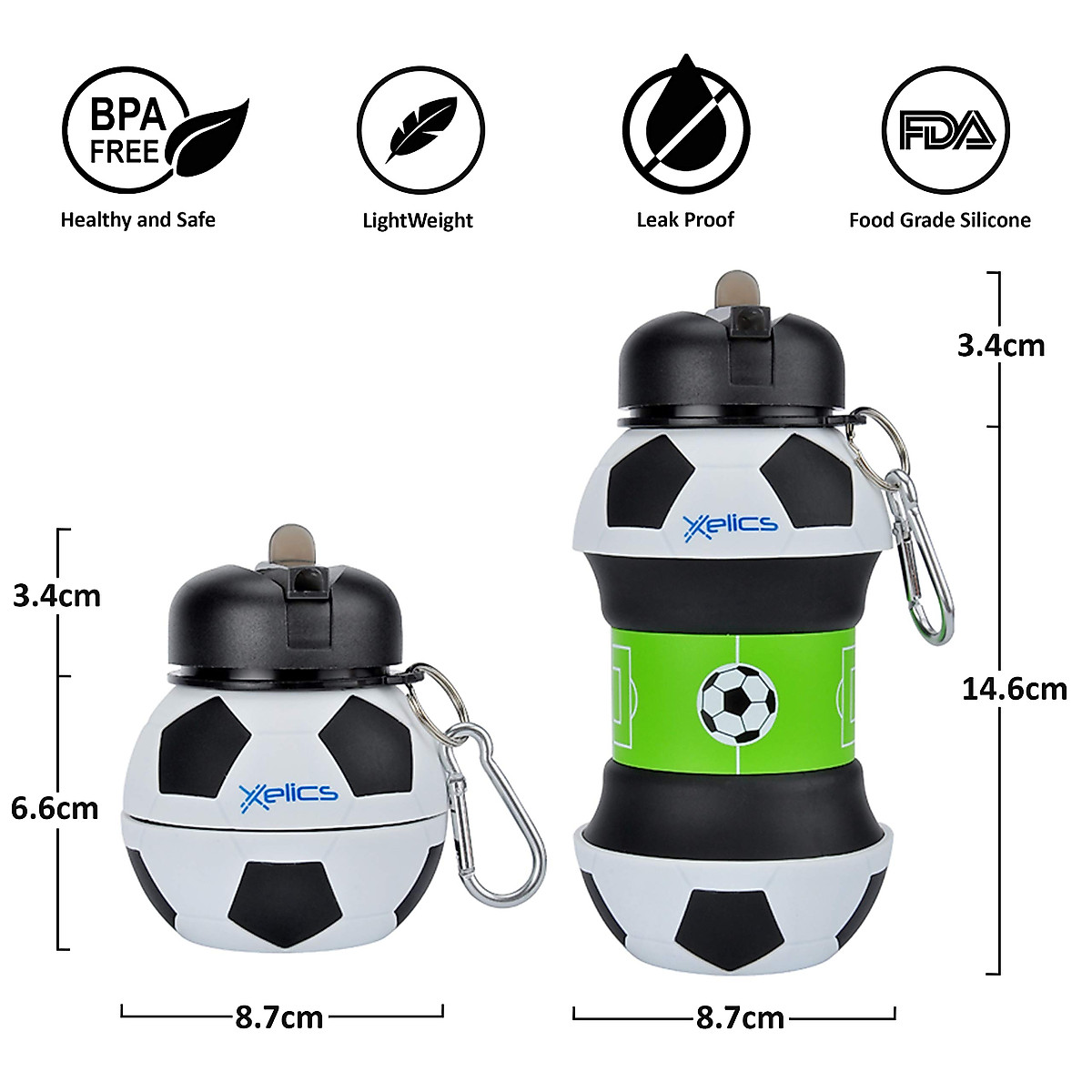 Xelics Kids Sports Water Bottle Collapsible Soccer Ball Shaped Design Reusable Drinking Cup Leak Proof Shockproof Squeezable Compact Excellent Gift Develop Children's Sports Interest 550ml/19 oz