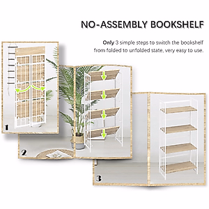 4NM No-Assembly 4 Tiers Folding Bookshelf Storage Shelves Vintage Bookcase Standing Racks Study Organizer Home Office - Natural and White