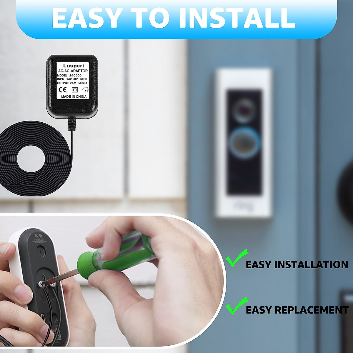 Doorbell Transformer, 24V 500MA Doorbell Power Adapter - Compatible with Ring, Wyze, Nest, Eufy, Arlo Wireless Video doorbell (with 26ft Cable Black)