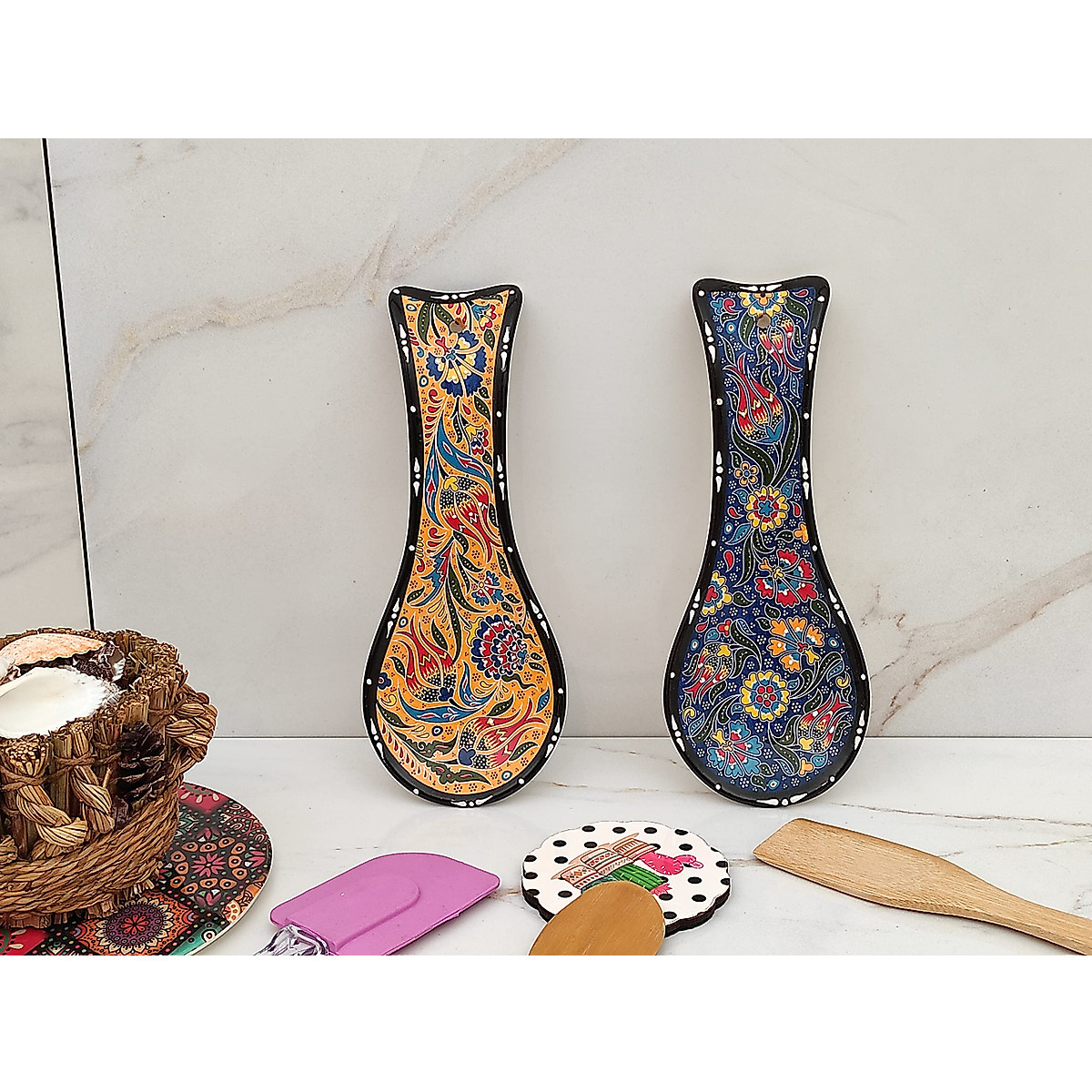 Ayennur Turkish Ceramic Spoon Rest for Stove Top Set of 2-Spoon Holder for Countertop,Kitchen Decor for Counter-Handmade Dishwasher Safe