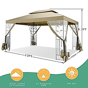 COBIZI 10x13 Outdoor Gazebo, Garden Tent for Patio Canopy with Leaf Screen Steel Frame and Mosquito Netting, Double Roof Canopy Tent for Deck, Backyard, Garden and Lawns, Khaki