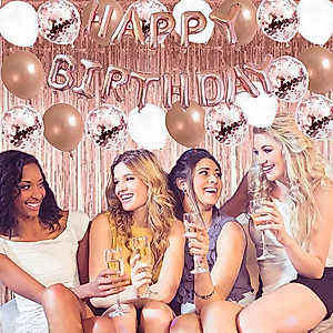 Rose Gold Birthday Party Decorations Set with Rose Gold Happy Birthday Balloon Banner, Confetti and Latex Balloon Heart Foil Balloon, Fringe Curtain for Rose Gold Theme Birthday Party Supplies