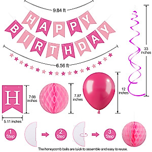 Pink Happy Birthday Party Decorations Set for Women Girls, Pre-Strung Happy Birthday Sign Banner, Pink Balloons, Tissue Paper Pom Poms, Star Garland, Hanging Swirls for Birthday Princess Party