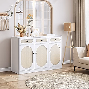 FOTOSOK Buffet Cabinet, Rattan Kitchen Cabinet with 3 Doors and 3 Drawers, Sideboard with Storage and Adjustable Shelves, Buffet Table for Dining Room Living Room Hallway