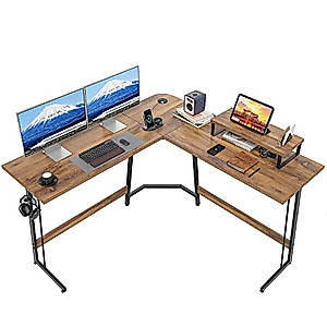 BANTI L Shaped Desk, Computer Gaming Desk, Home Corner Desk, Office Writing Workstation with Large Monitor Stand, Space-Saving, Easy to Assemble, Brown