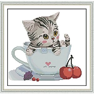 Benway Cross Stitch Kit 14ct Counted Cute Brown Cat in Cup Two Red Cherries 35x34cm (13.78x13.39in)