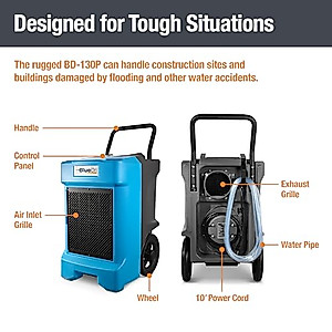 BlueDri BD-BD-130-BL Industrial Commercial Dehumidifier with Hose for Basements in Homes and Job Sites, Blue