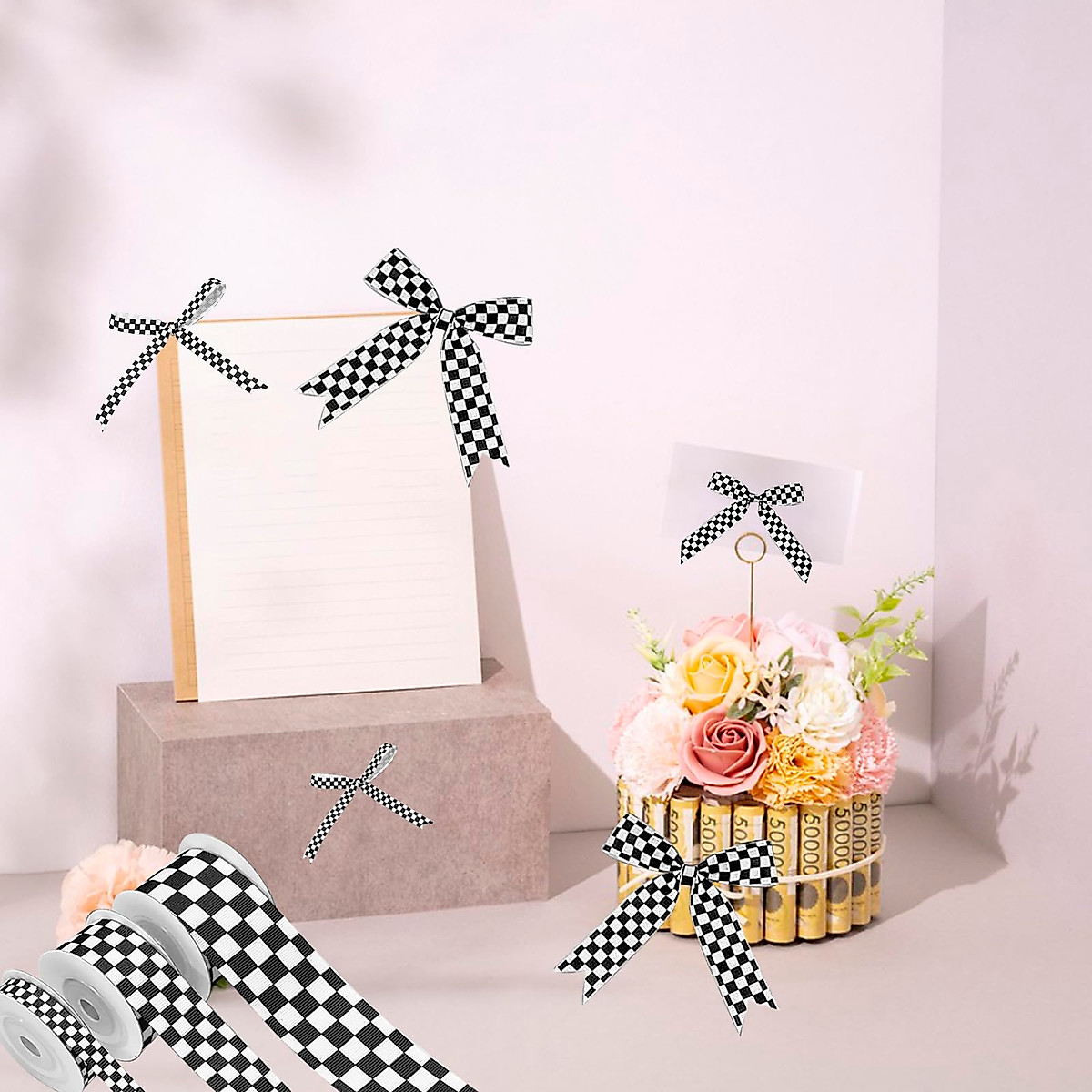 3 Rolls White Checkered Printed Ribbon Black Grosgrain Ribbon,0.4, 0.87, 1.5 Inch Wide, 15 Yards in Total, Car Theme Checkered Ribbon ， for DIY Crafts Wreath Racing Car Party Wreath Decorations