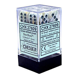 Chessex DND Dice Set D&D Dice-16mm Marble Green and Dark Green Plastic Polyhedral Dice Set-Dungeons and Dragons Dice Includes 12 Dice – D6, (CHX27609)